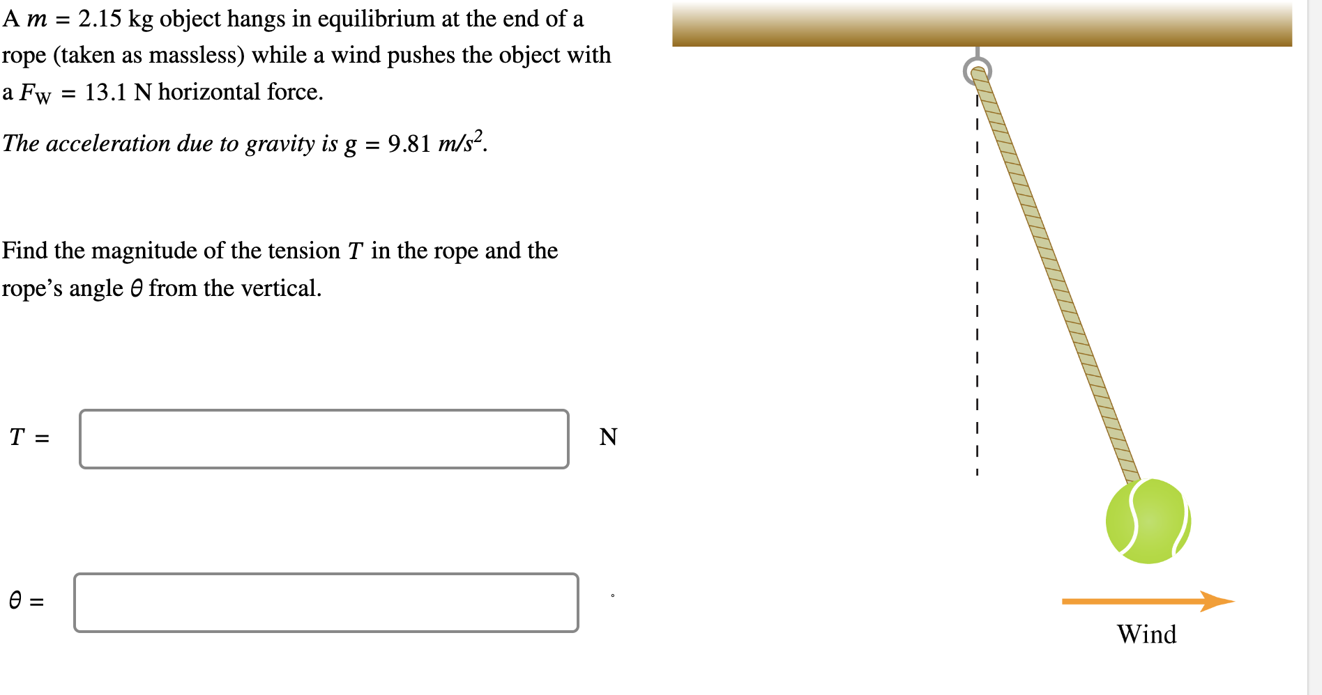 Solved A m=2.15kg ﻿object hangs in equilibrium at the end of | Chegg.com