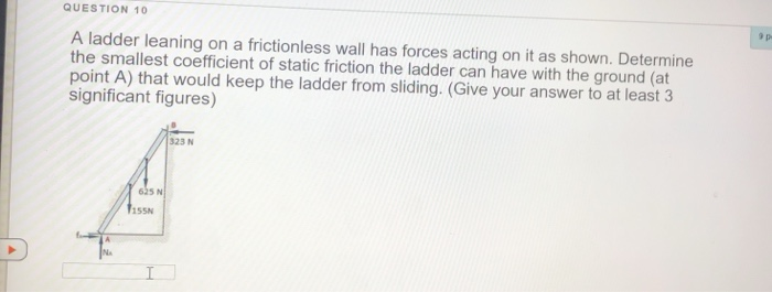 Solved QUESTION 10 A ladder leaning on a frictionless wall | Chegg.com