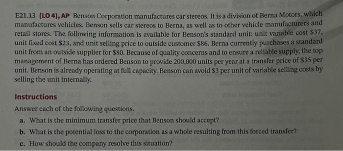 Solved E21.13 (LO 4), AP Benson Corporation manufactures car | Chegg.com
