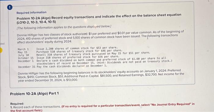 Solved Required information Problem 10-2A (Algo) Record | Chegg.com