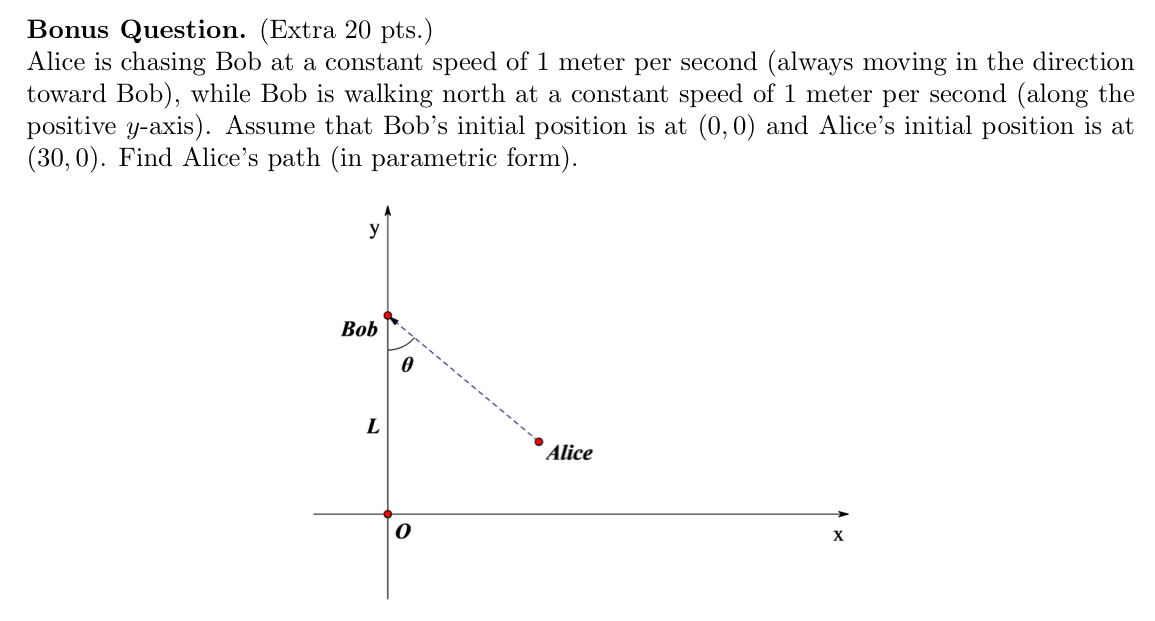 Solved Bonus Question. (Extra 20 ﻿pts.)Alice is chasing Bob | Chegg.com