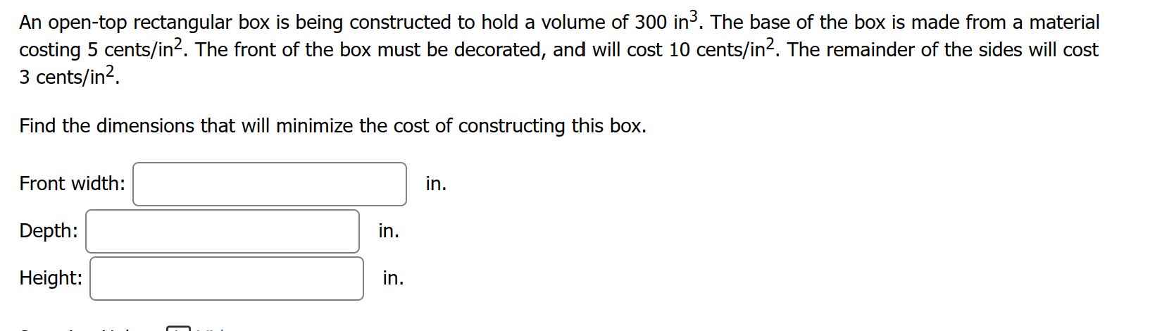 Solved An open-top rectangular box is being constructed to | Chegg.com