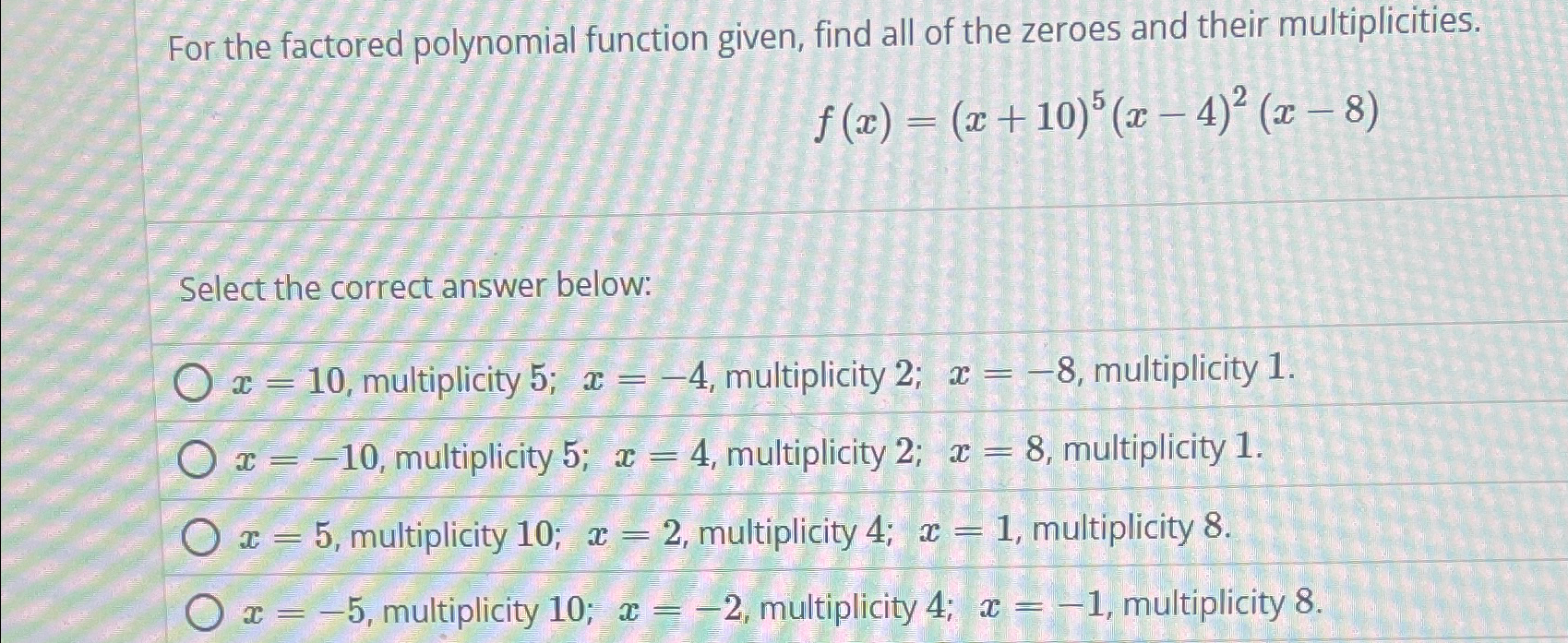 Solved For the factored polynomial function given, find all | Chegg.com