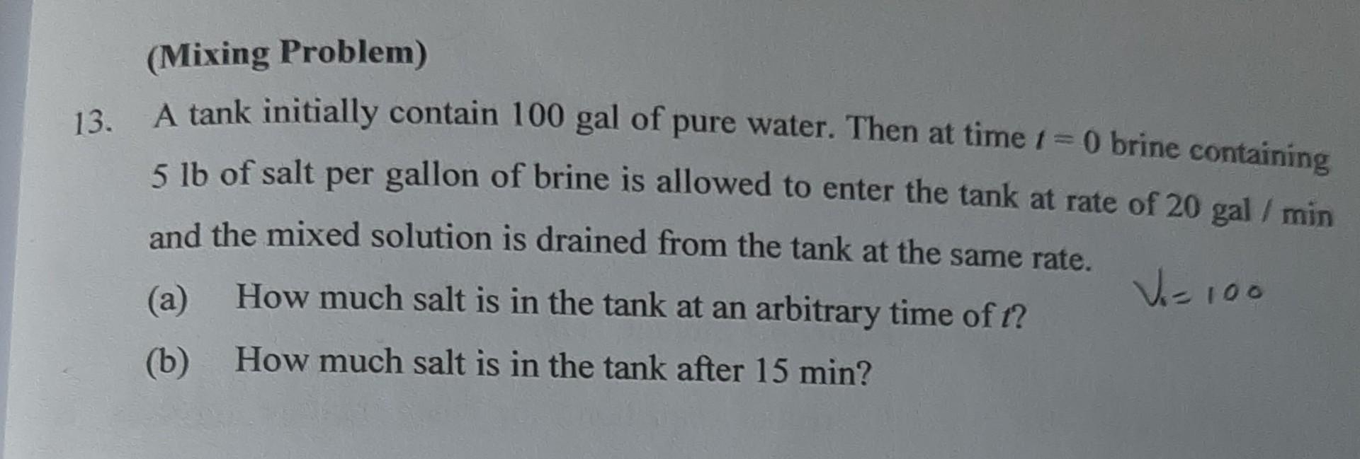 Solved (Mixing Problem) 13. A tank initially contain 100gal | Chegg.com