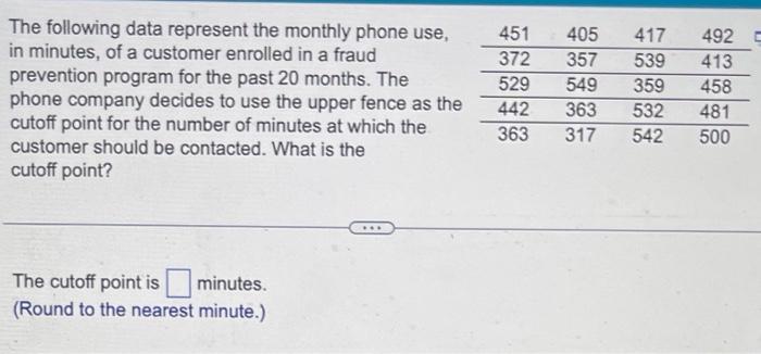 Solved The following data represent the monthly phone use, | Chegg.com