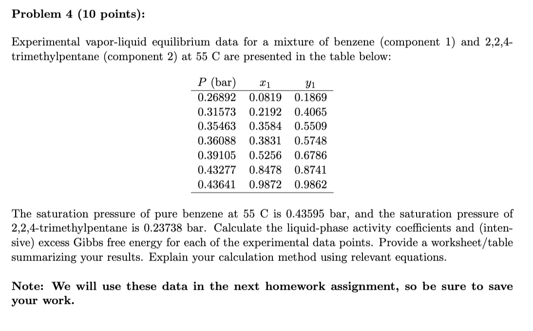 Problem 4 (10 ﻿points): Experimental vapor-liquid | Chegg.com