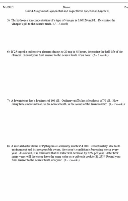Solved MHF4U1 Da Name: Unit 4 Assignment Exponential and | Chegg.com