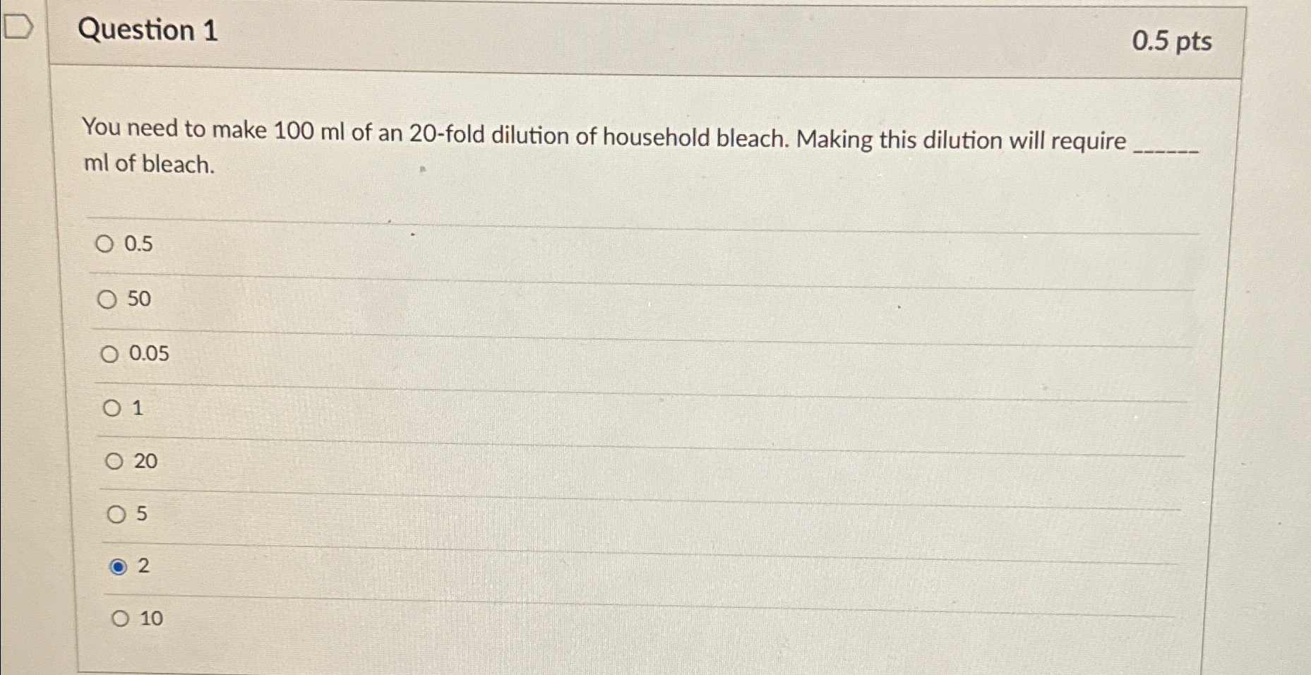 Solved Question 10.5ptsYou need to make 100ml ﻿of an 20-fold | Chegg.com