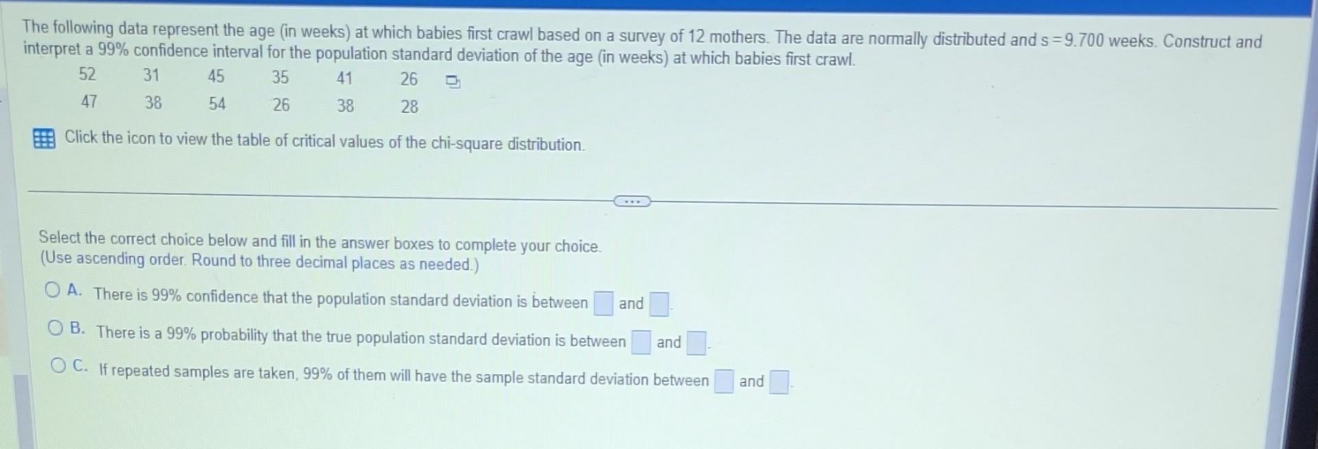 Solved The following data represent the age (in weeks) at | Chegg.com