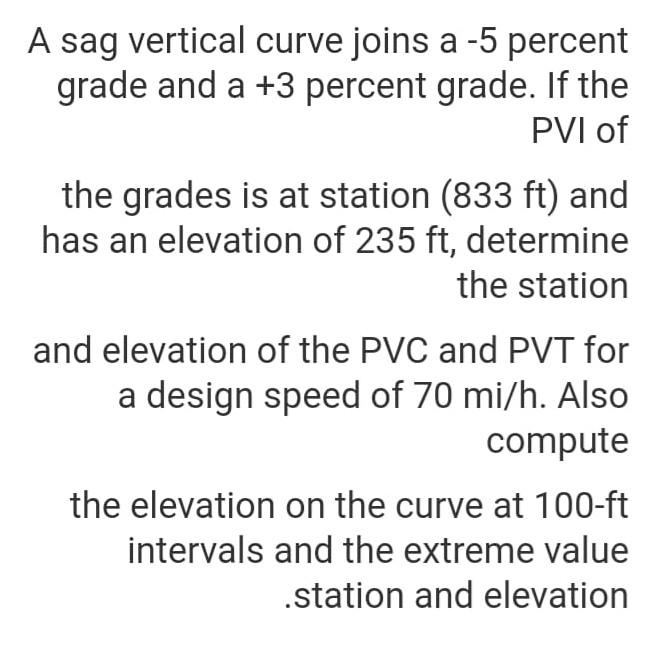 Solved A sag vertical curve joins a -5 percent grade and a | Chegg.com