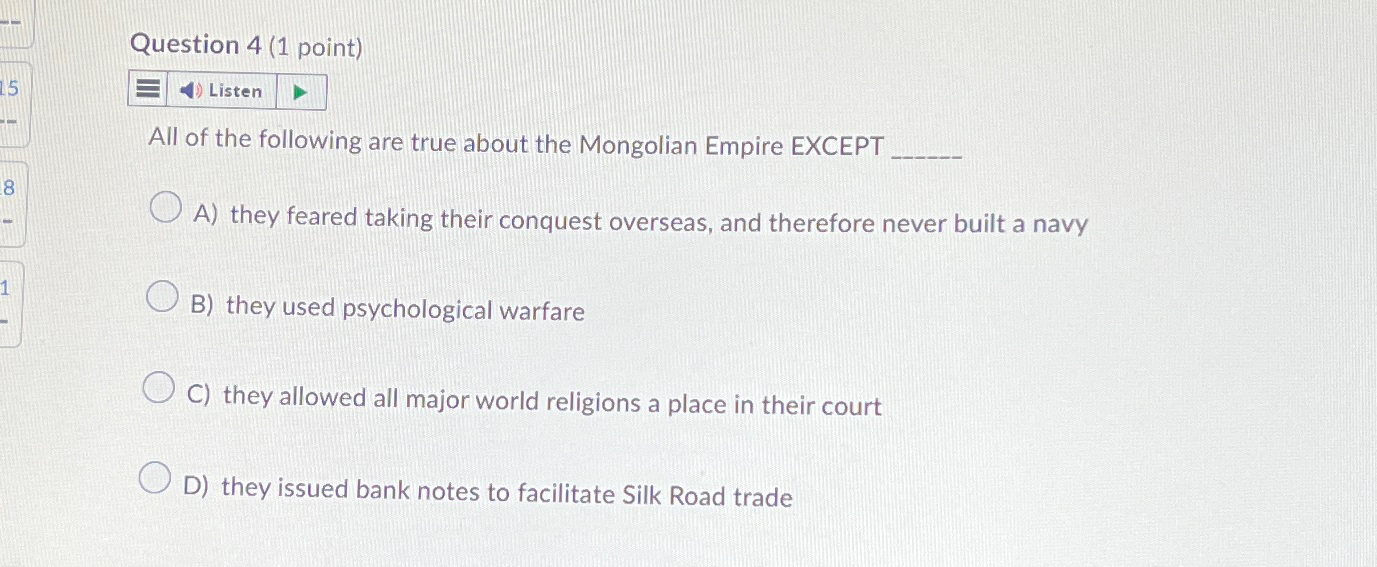 Solved Question 4 (1 ﻿point)All of the following are true | Chegg.com