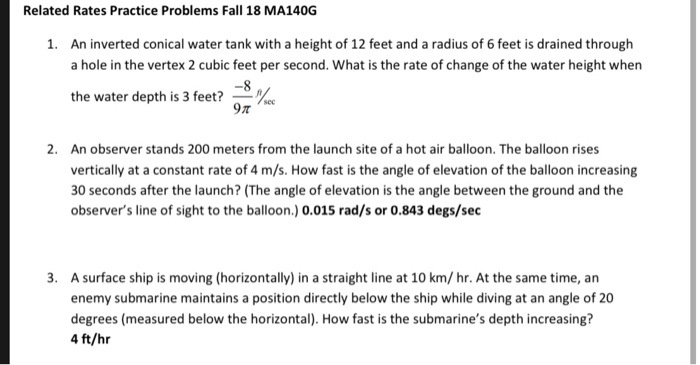 Solved Related Rates Practice Problems Fall 18 MA140G An | Chegg.com