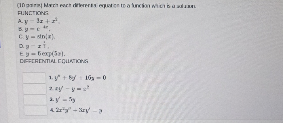 Solved (10 ﻿points) ﻿Match each differential equation to a | Chegg.com