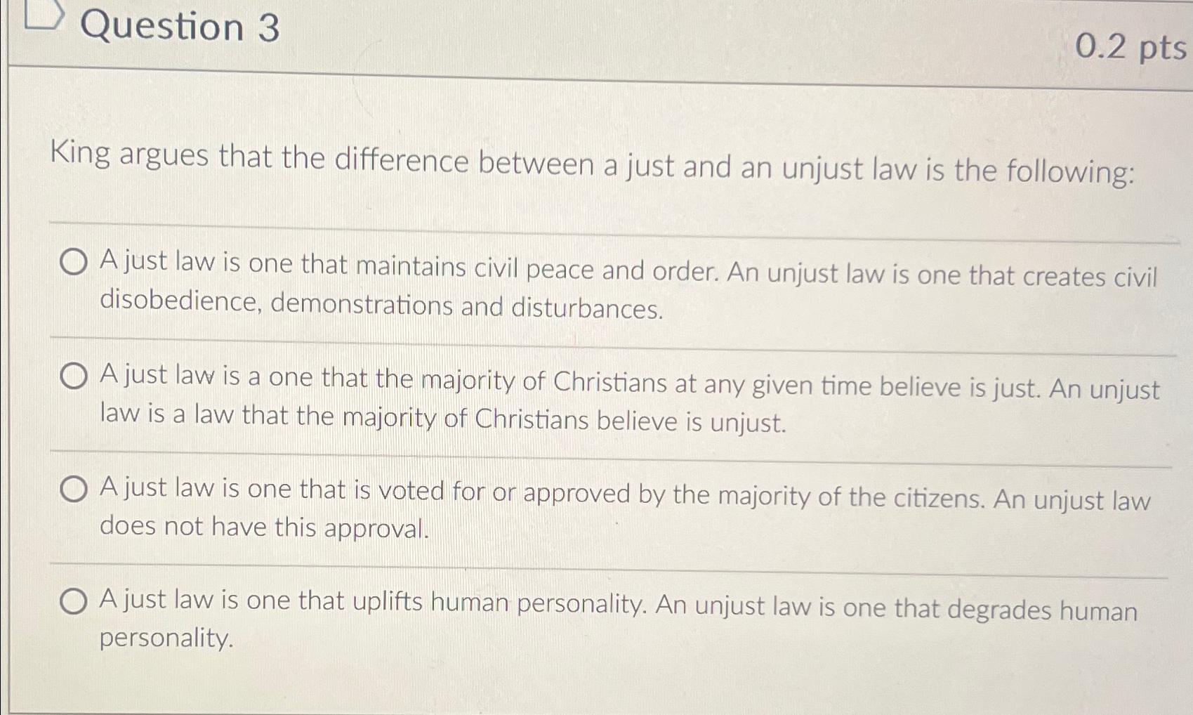 Solved Question 30.2ptsKing argues that the difference | Chegg.com