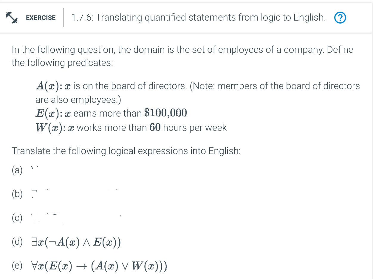 Solved EXERCISE1.7.6: Translating quantified statements from | Chegg.com