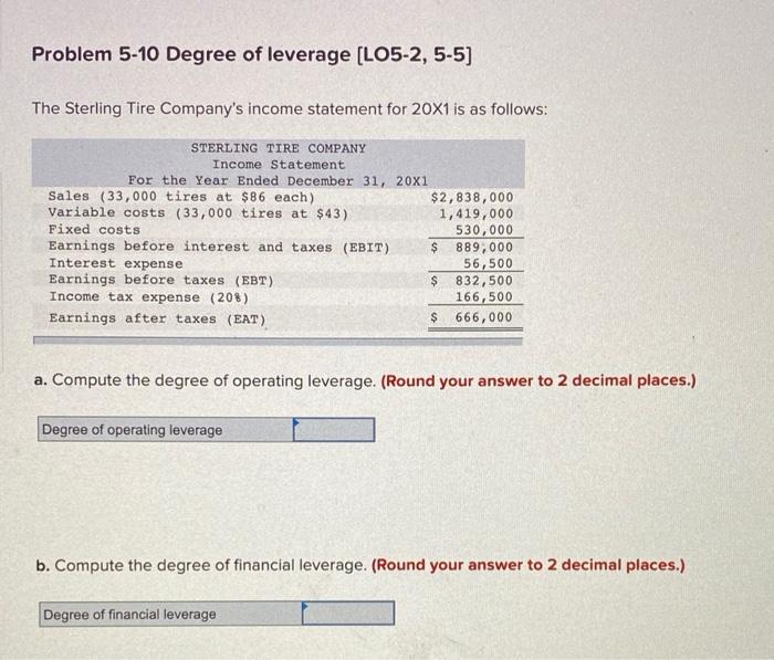 Solved Problem 5-10 Degree of leverage (LO5-2,5-5) The | Chegg.com