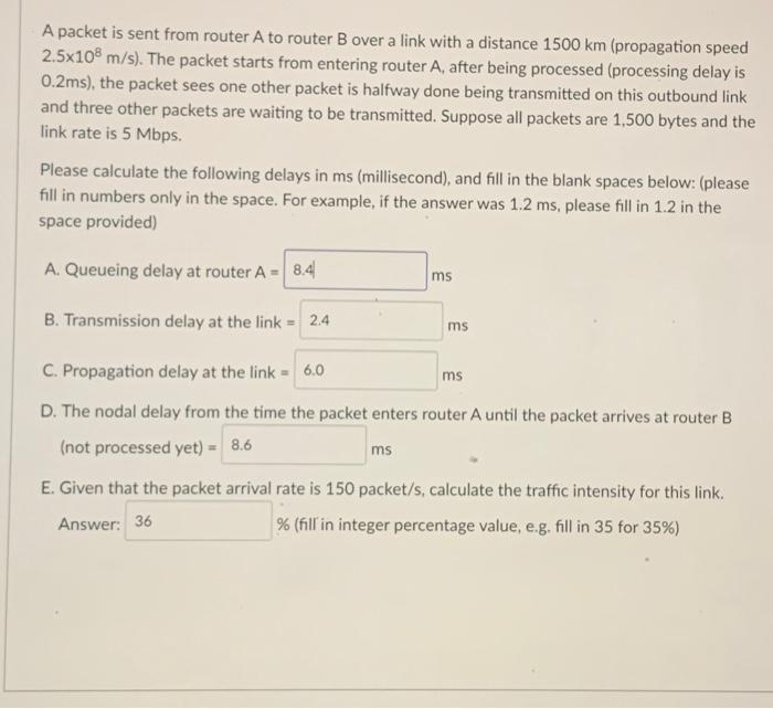 Solved A packet is sent from router A to router B over a | Chegg.com