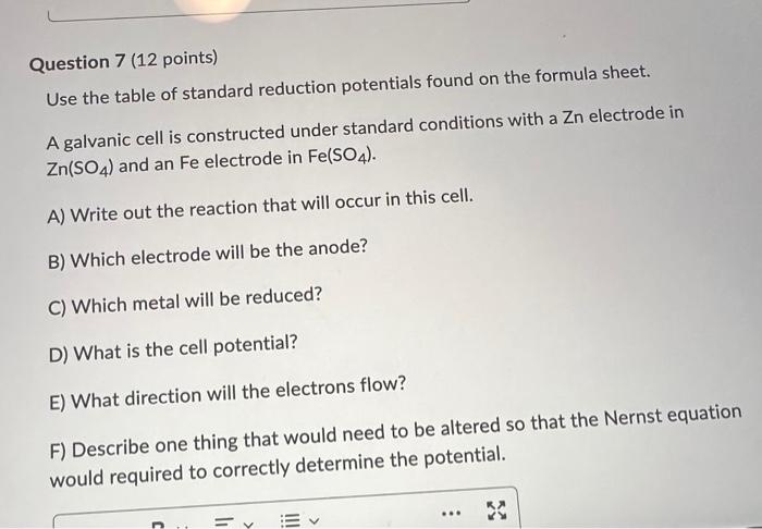 Question 7 (12 points) Use the table of standard | Chegg.com