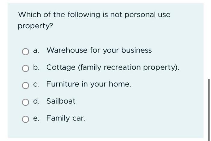 Solved Which of the following is not personal use property? | Chegg.com