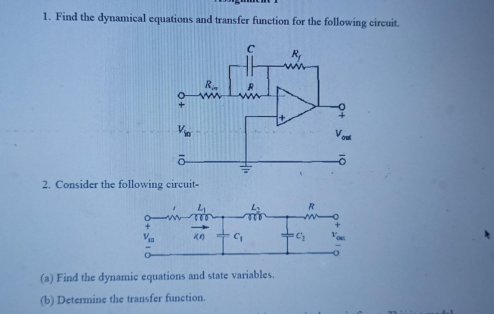 Solved 1. Find the dynamical equations and transfer function | Chegg.com