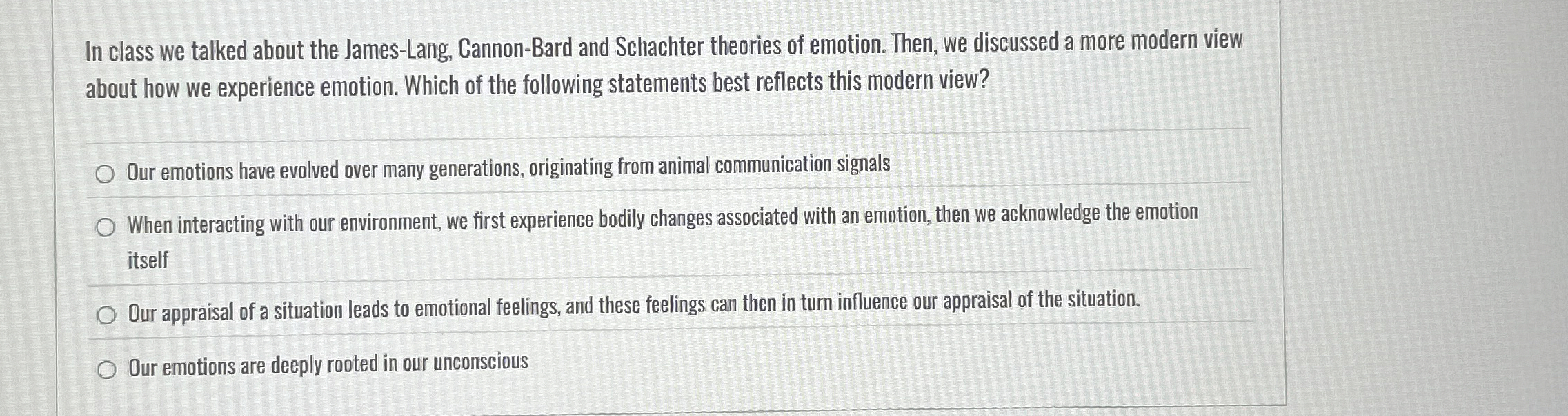 Solved In class we talked about the James-Lang, Cannon-Bard | Chegg.com