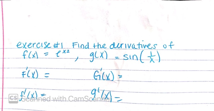 Solved exercise #1 Find the derivatives of f(x) g(x) = | Chegg.com