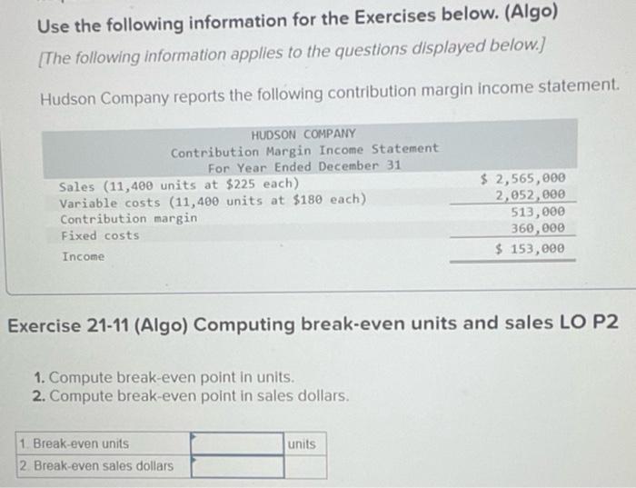 Solved Use the following information for the Exercises | Chegg.com