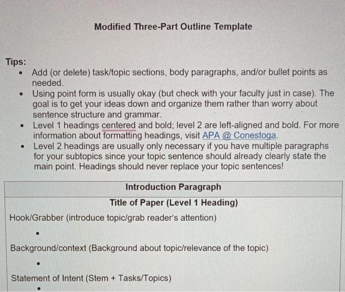 Modified Three-Part Outline Template Tips: - Add (or | Chegg.com