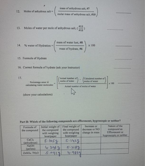 Solved Part A: Calculation for water of hydration and | Chegg.com