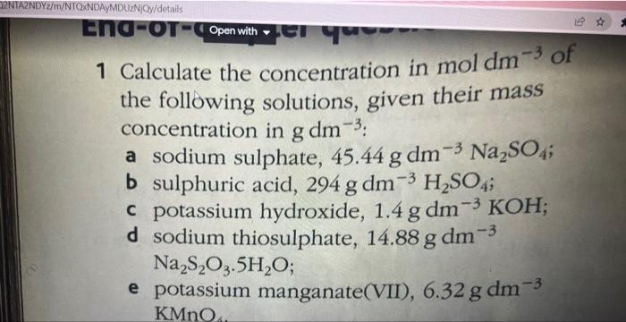 Solved 1 Calculate the concentration in mol dm−3 of the | Chegg.com