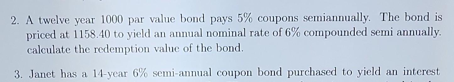 Solved 2. A twelve year 1000 par value bond pays 5% coupons | Chegg.com