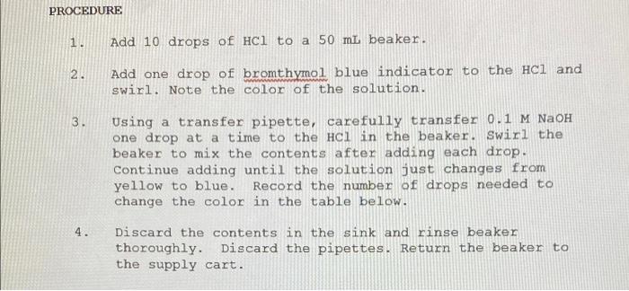 Solved PROCEDURE 1. Add 10 drops of HCl to a 50 mL beaker. | Chegg.com