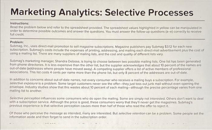 Solved Marketing Analytics: Selective Processes | Chegg.com
