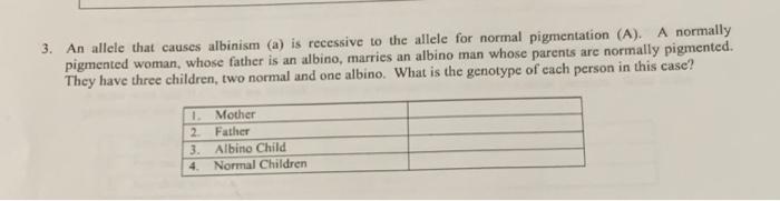 Solved 3. An allele that causes albinism (a) is recessive to | Chegg.com