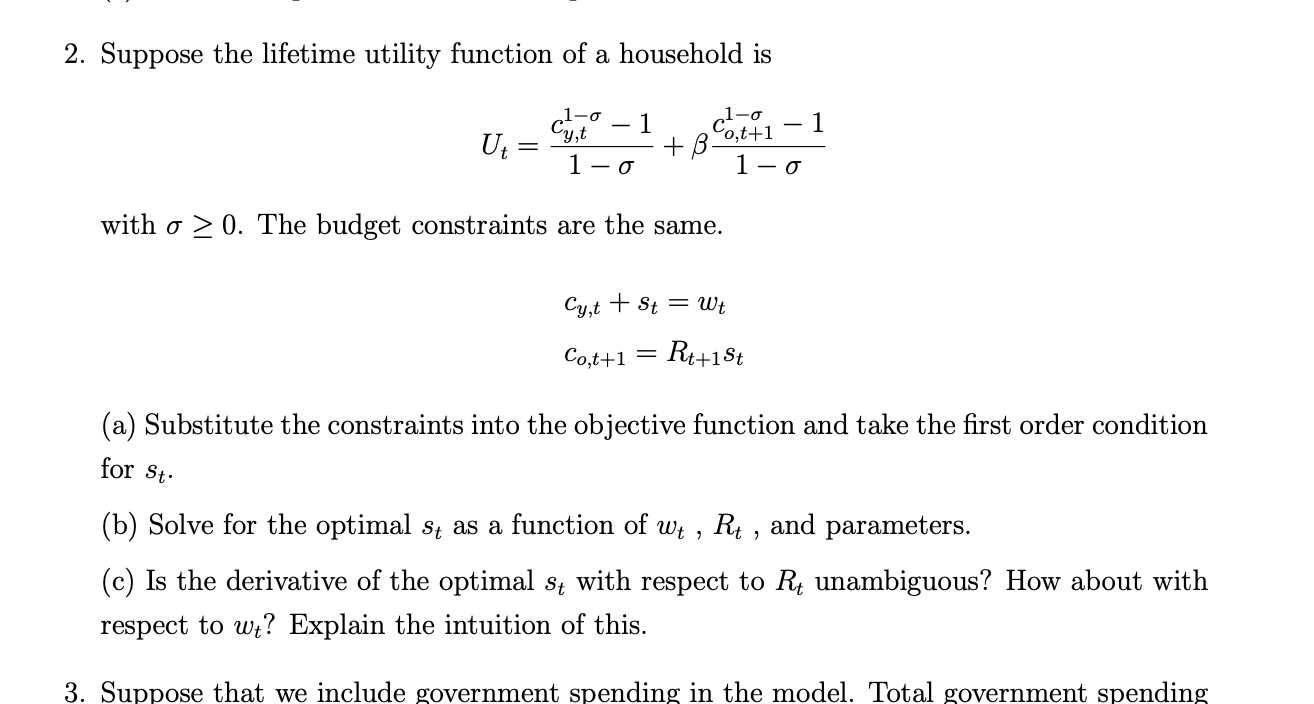 Solved Suppose the lifetime utility function of a household | Chegg.com