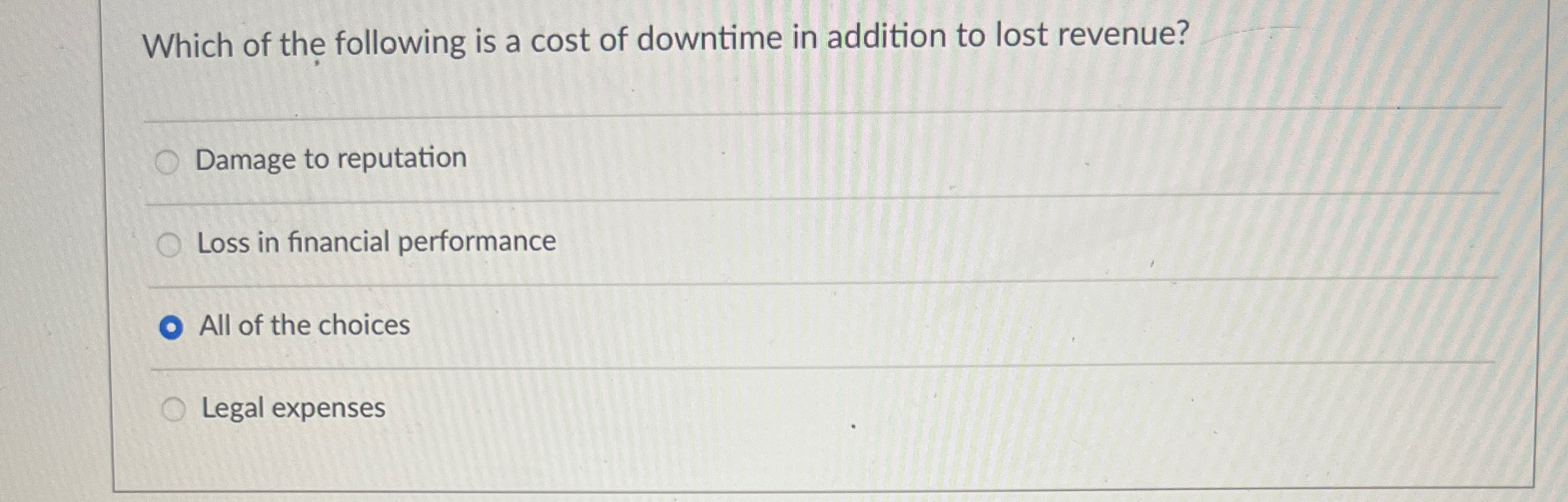 Solved Which of the following is a cost of downtime in | Chegg.com