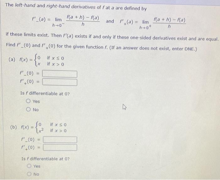 Solved The left-hand and right-hand derivatives of fat a are | Chegg.com