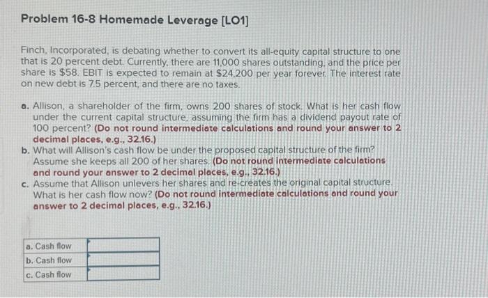 Solved Problem 16-8 Homemade Leverage [LO1] Finch, | Chegg.com
