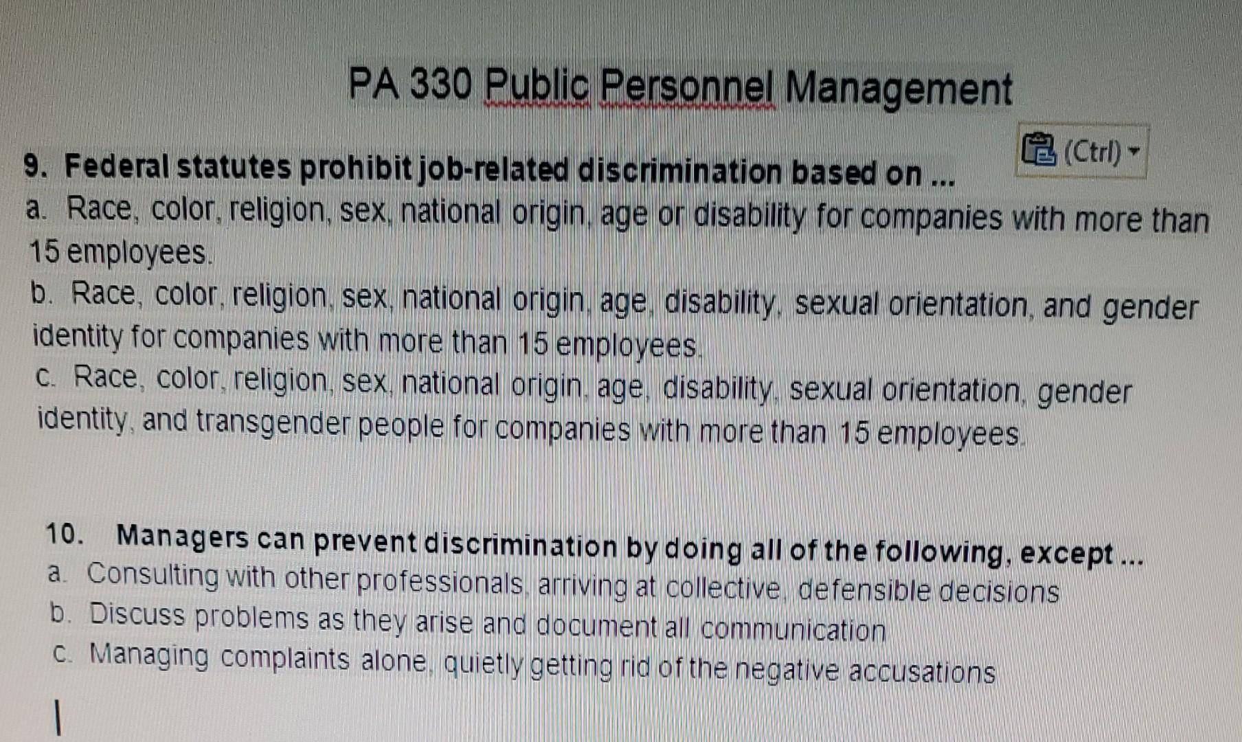 Solved PA 330 Public Personnel Management (Ctrl) - 9. | Chegg.com