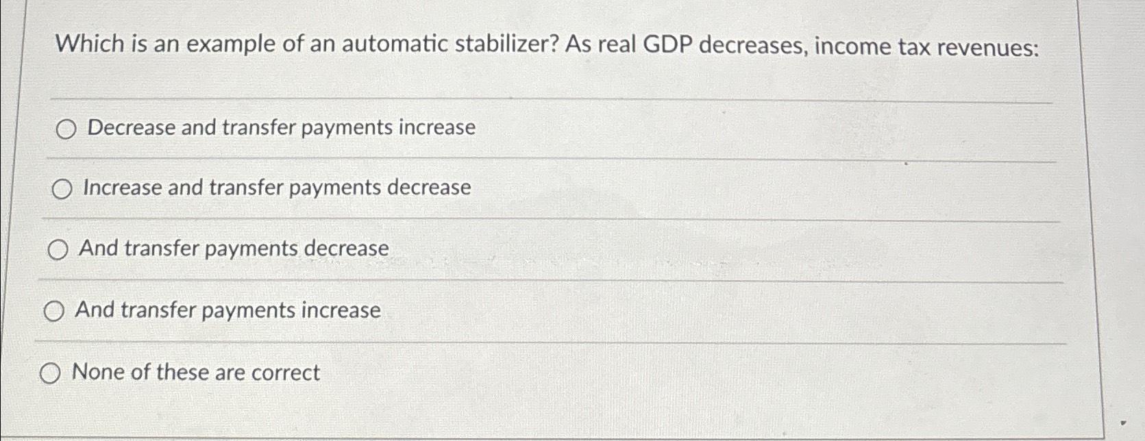Solved Which is an example of an automatic stabilizer? As | Chegg.com