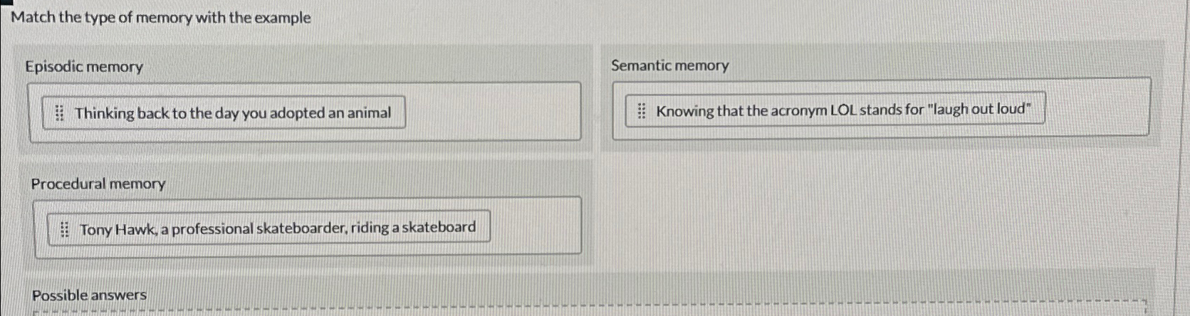 Solved Match the type of memory with the exampleEpisodic | Chegg.com