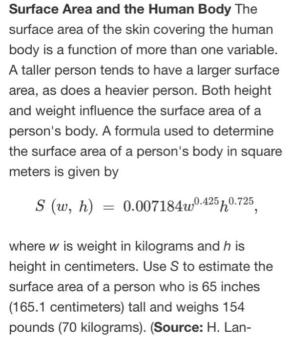 Solved Surface Area and the Human Body The surface area of | Chegg.com
