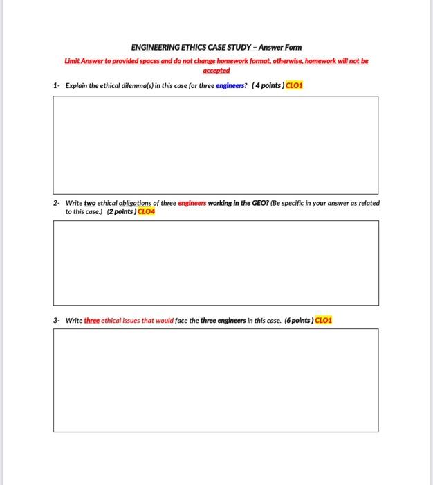 Solved ENGINEERING ETHICS CASE STUDY - Answer Form Limit | Chegg.com