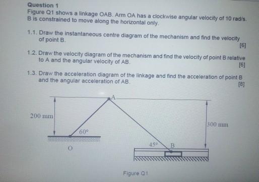 Solved Question 1 Figure Q1 Shows A Linkage Oab Arm Oa Has