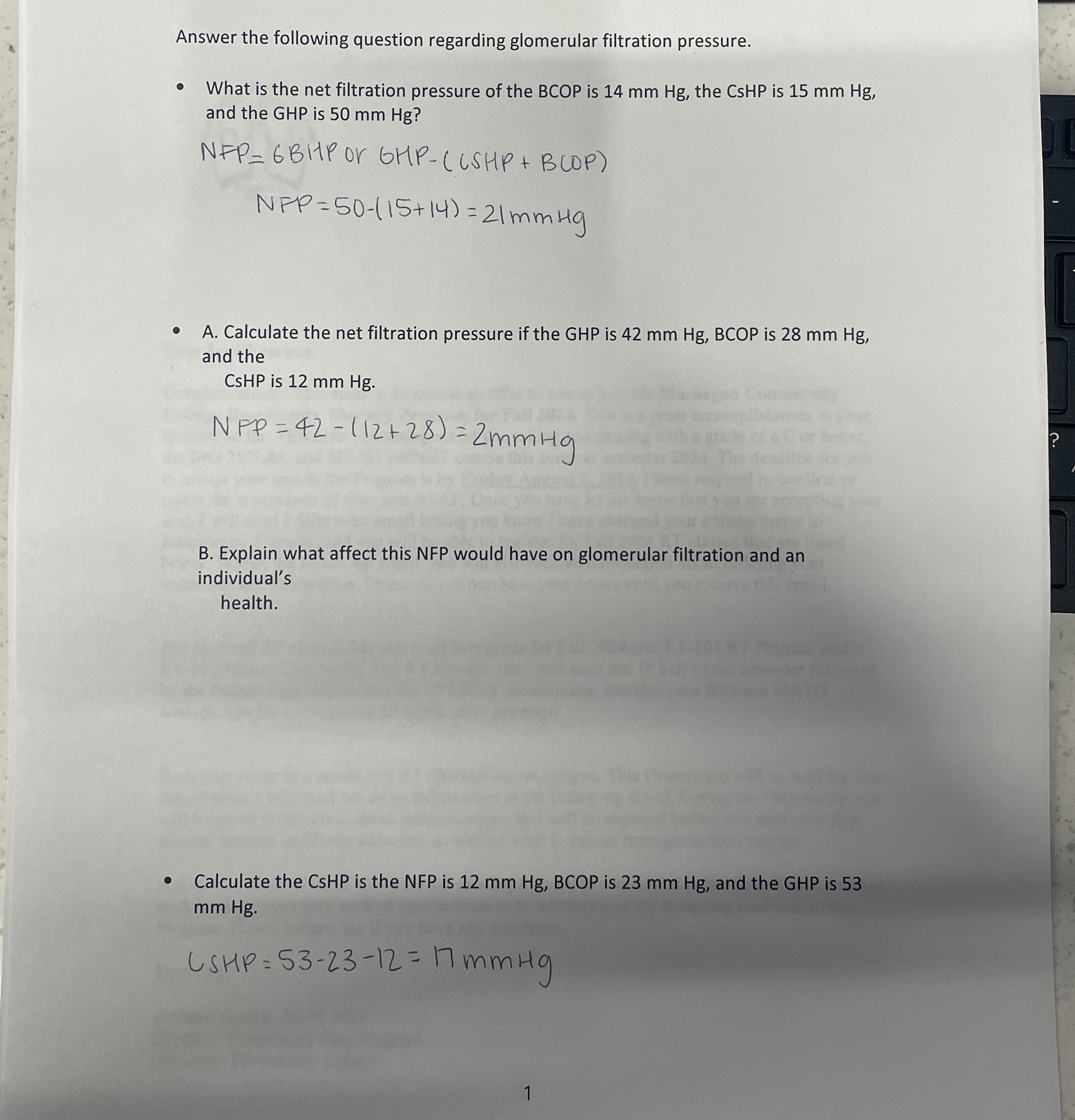 Solved Answer the following question regarding glomerular | Chegg.com