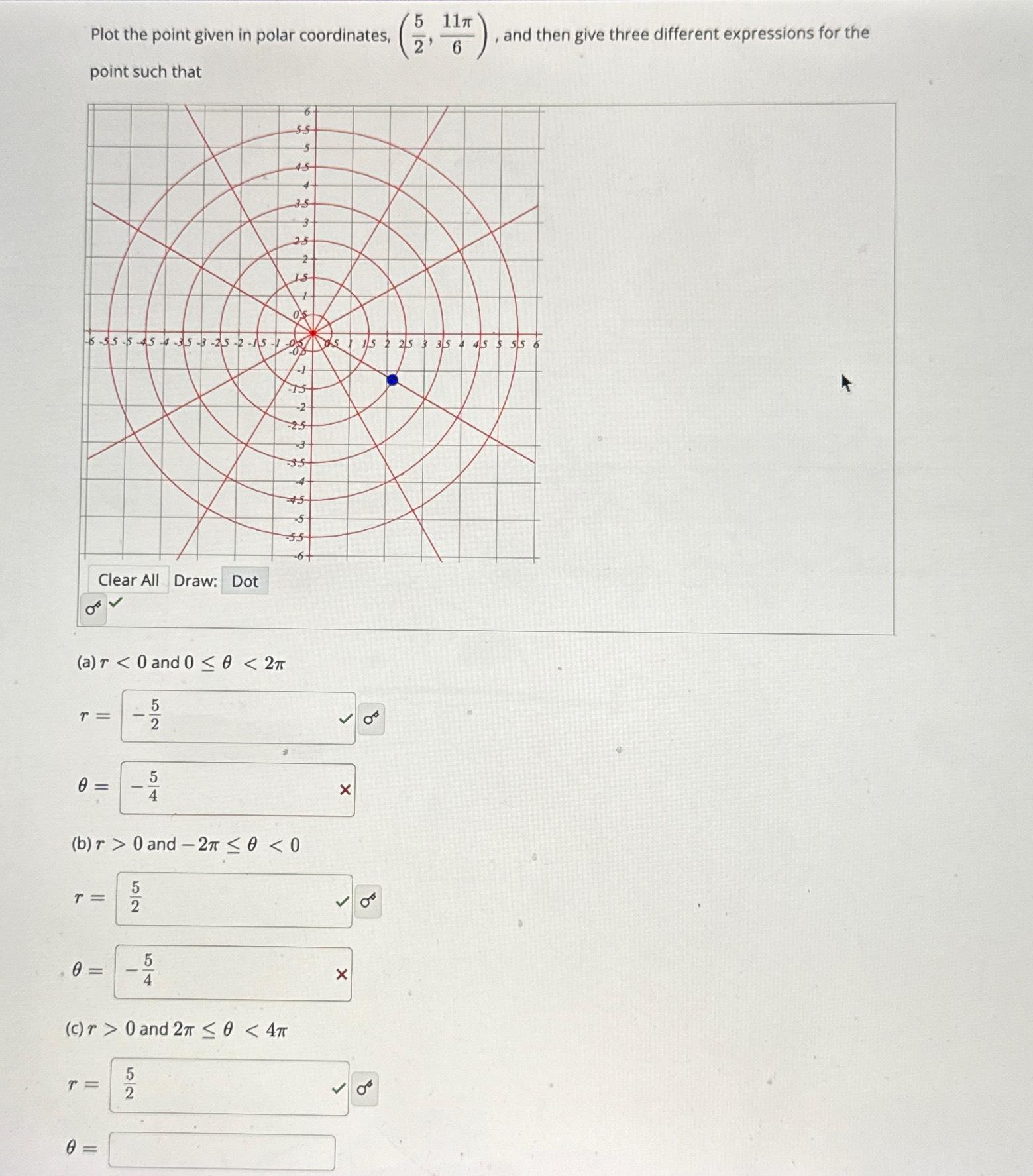 Solved Plot the point given in polar coordinates, (52,11π6), | Chegg.com