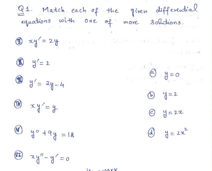 Solved Q1. Match each of the given differential equations | Chegg.com