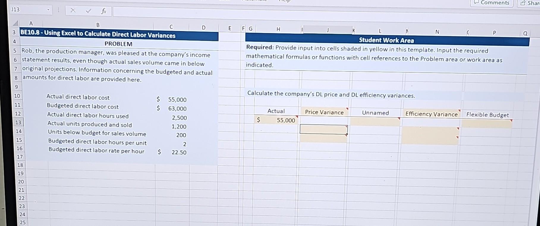 Solved BE10.8 - Using Excel to Calculate Direct Labor | Chegg.com
