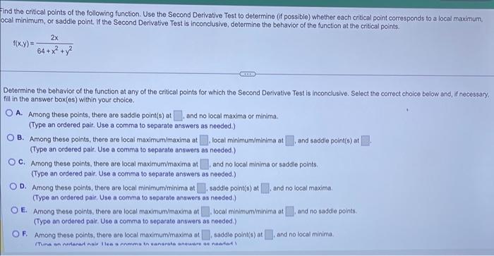 Solved Find the critical points of the following function. | Chegg.com