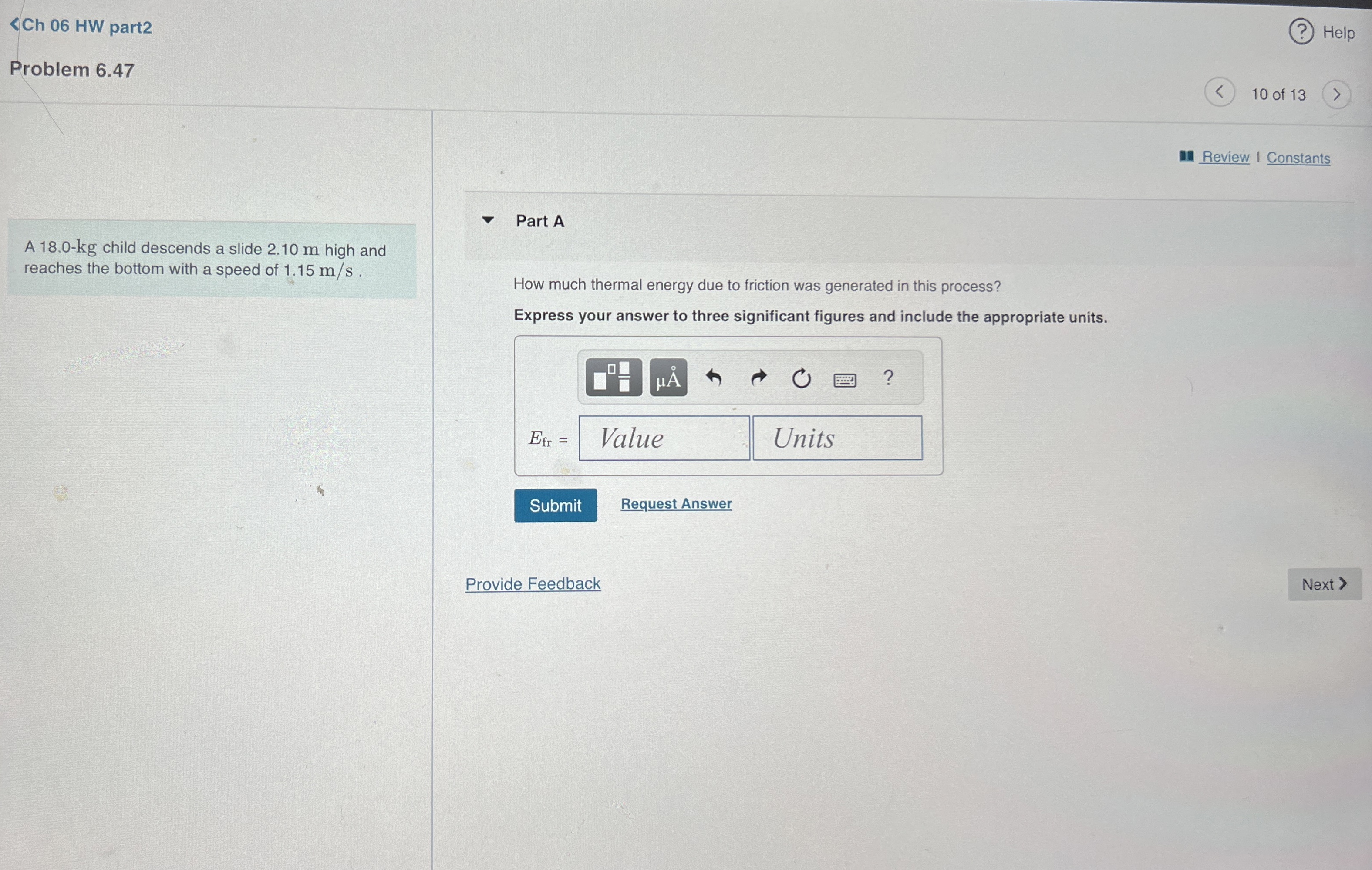 Solved 2.10m1.15(m)/(s)E_(fr)= 06HW part2 Help Problem | Chegg.com